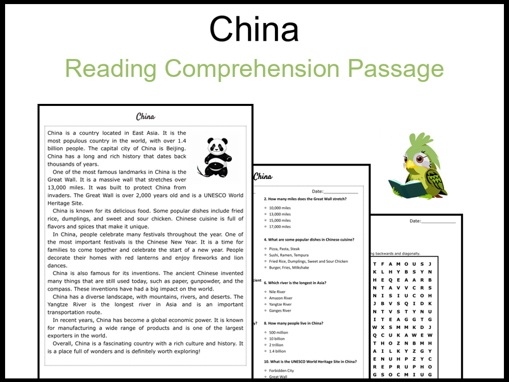 China Reading Comprehension and Word Search | Teaching Resources