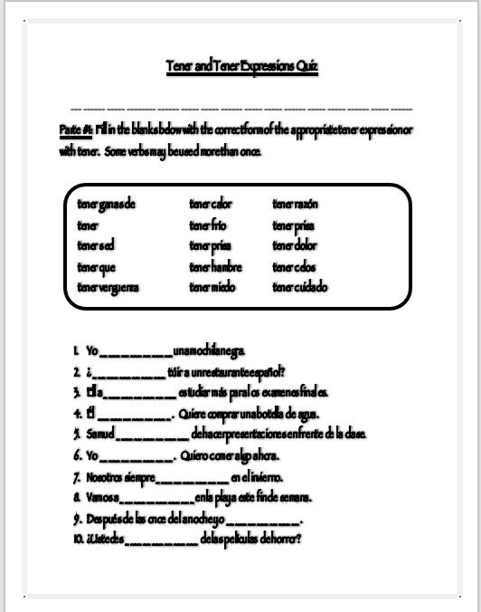 SPANISH - TENER EXPRESSIONS TEST PACKET | Teaching Resources