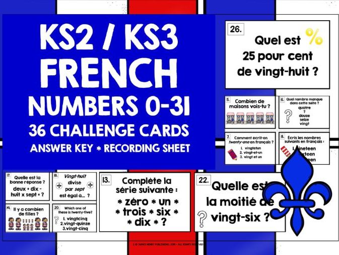 FRENCH NUMBERS 0-31 CHALLENGE CARDS | Teaching Resources