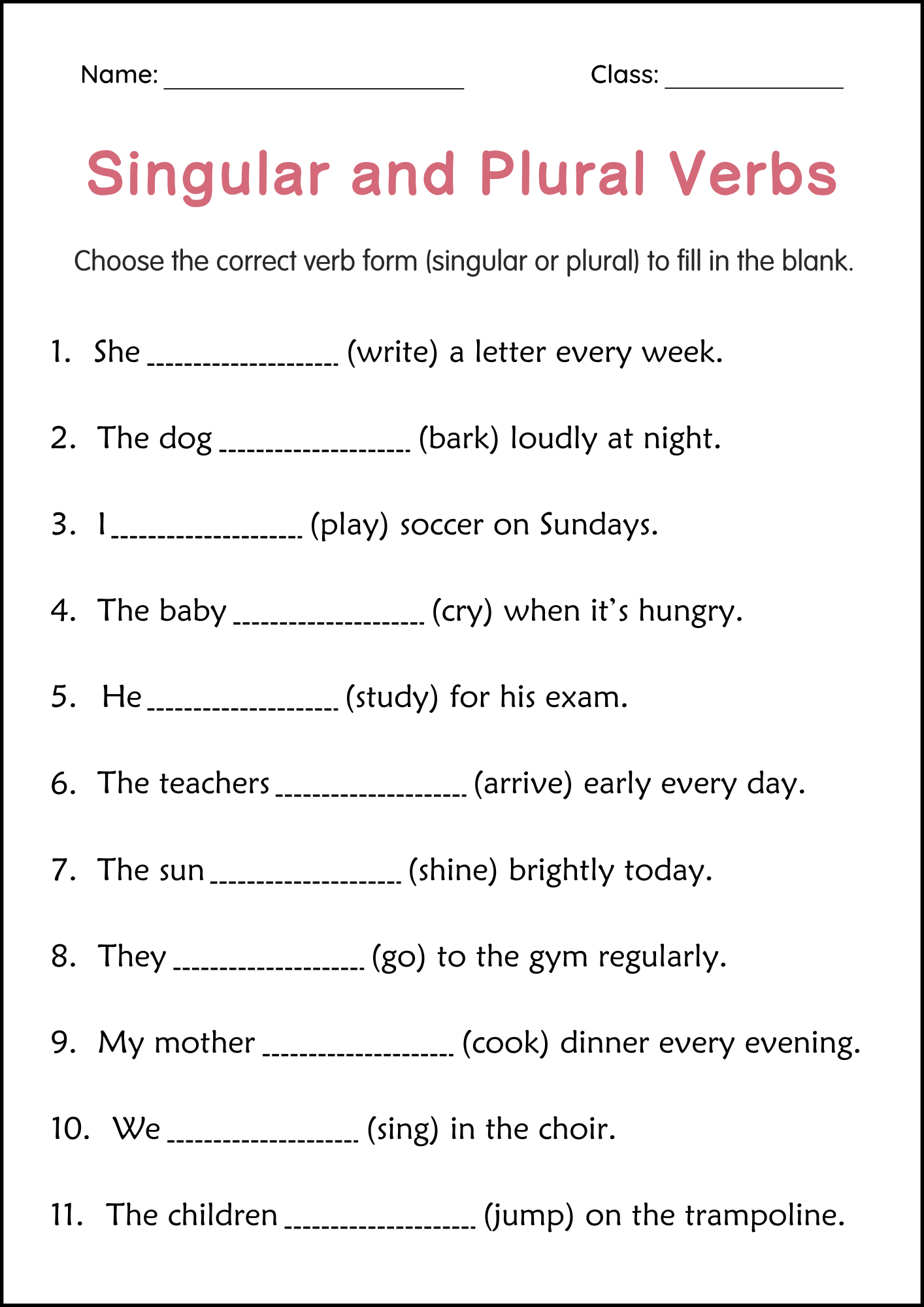Subject Singular and Plural Verbs Grammar Worksheet for Grade 1, 2, 3 | Teaching Resources