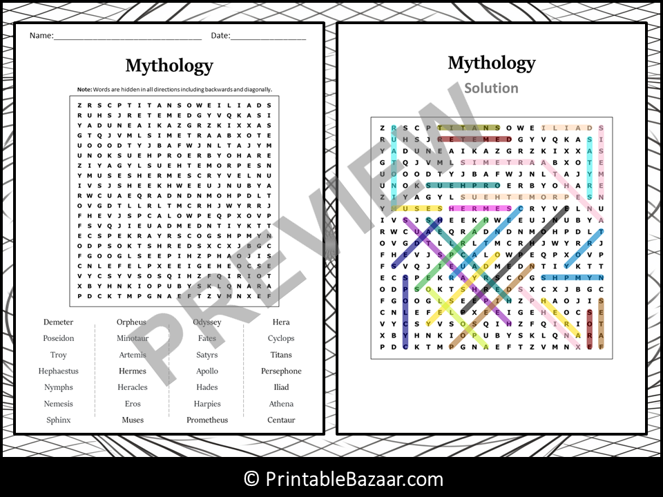 Mythology Word Search Puzzle Worksheet Activity | Teaching Resources