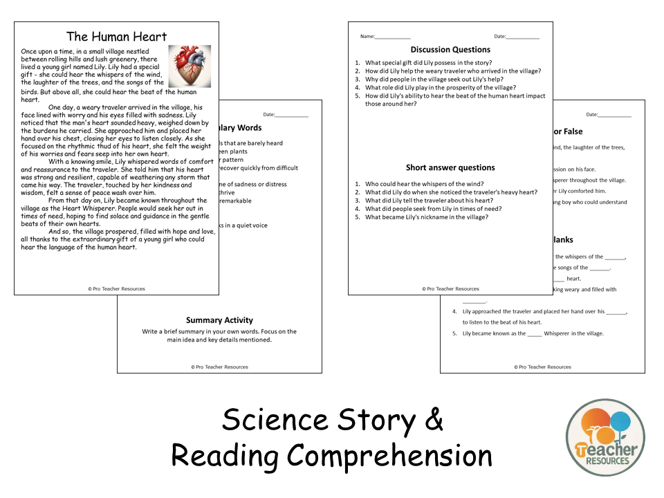 The Human Heart Reading Science Story Comprehension Questions Worksheet ...