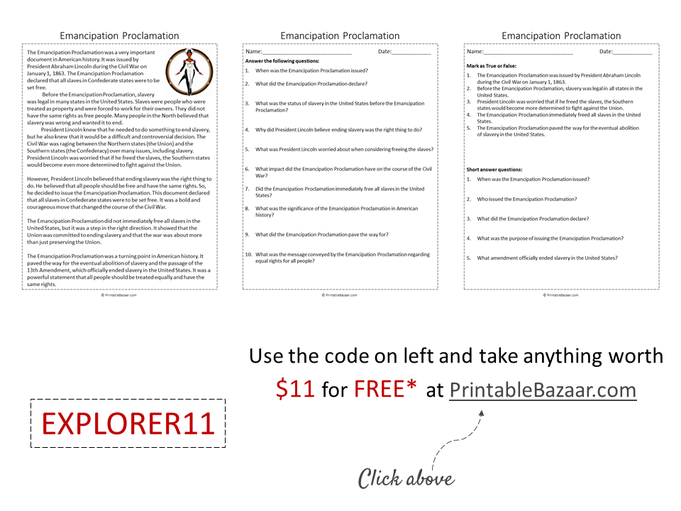 Emancipation Proclamation Reading Comprehension Passage Printable ...