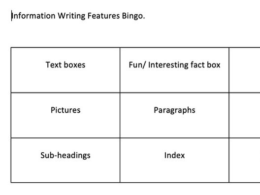 Information Text Features Bingo | Teaching Resources