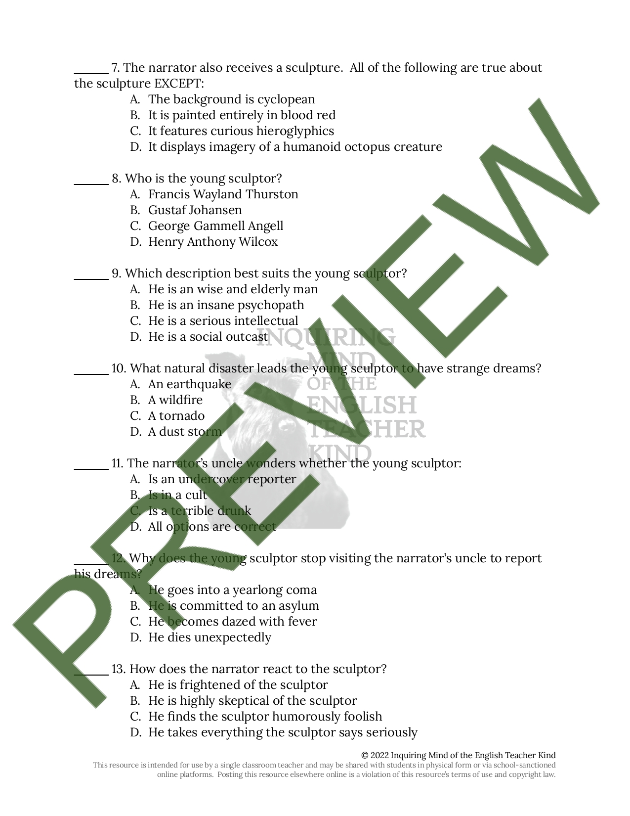 “The Call of Cthulhu” by H.P. Lovecraft Quiz and Answer Key | Teaching ...