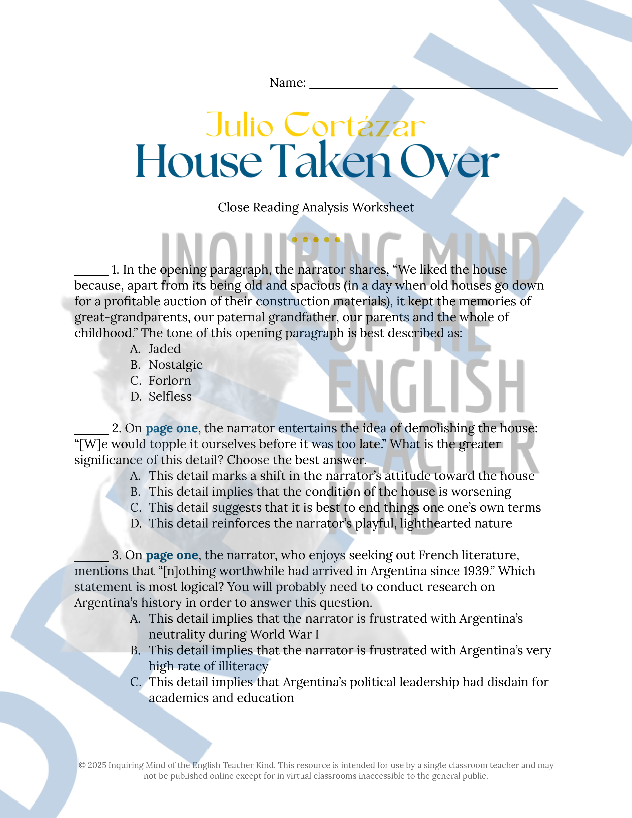 "House Taken Over" by Julio Cortázar Literary Analysis Worksheet ...