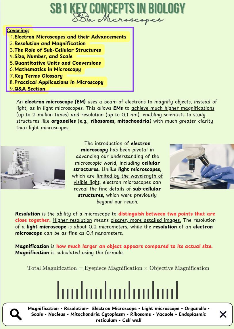 NEW! Grade 9-1 GCSE Biology Edexcel SB1a Microscopy Notes | Teaching ...