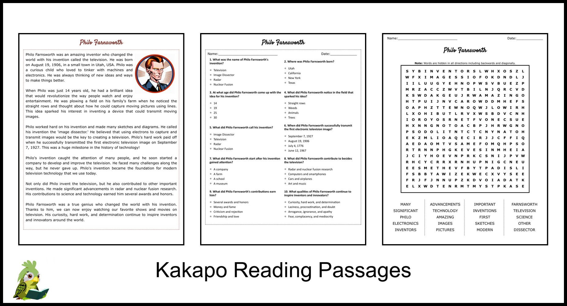 Philo Farnsworth Reading Comprehension and Word Search | Teaching Resources