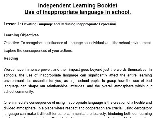 Internal Exclusion Workbook The use of inappropriate language in school ...