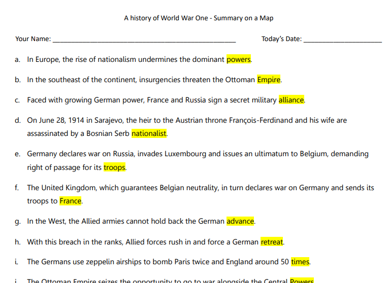 World War One summary: video worksheets, differentiated. | Teaching ...