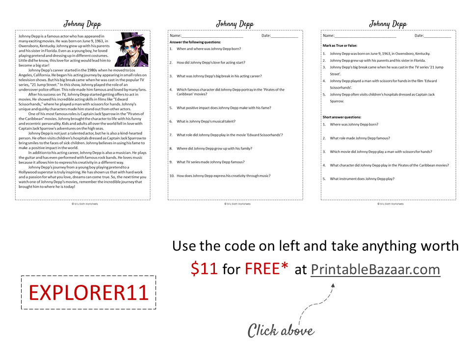 Johnny Depp Biography Reading Comprehension Passage Printable Worksheet Pdf Teaching Resources