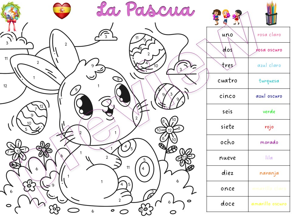 La Pascua | Colorear | Spanish Easter | Colour by number 1-12 ...