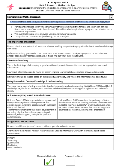 BTEC Sport L3 - Unit 9 Research Methods in Sport LAA | Teaching Resources