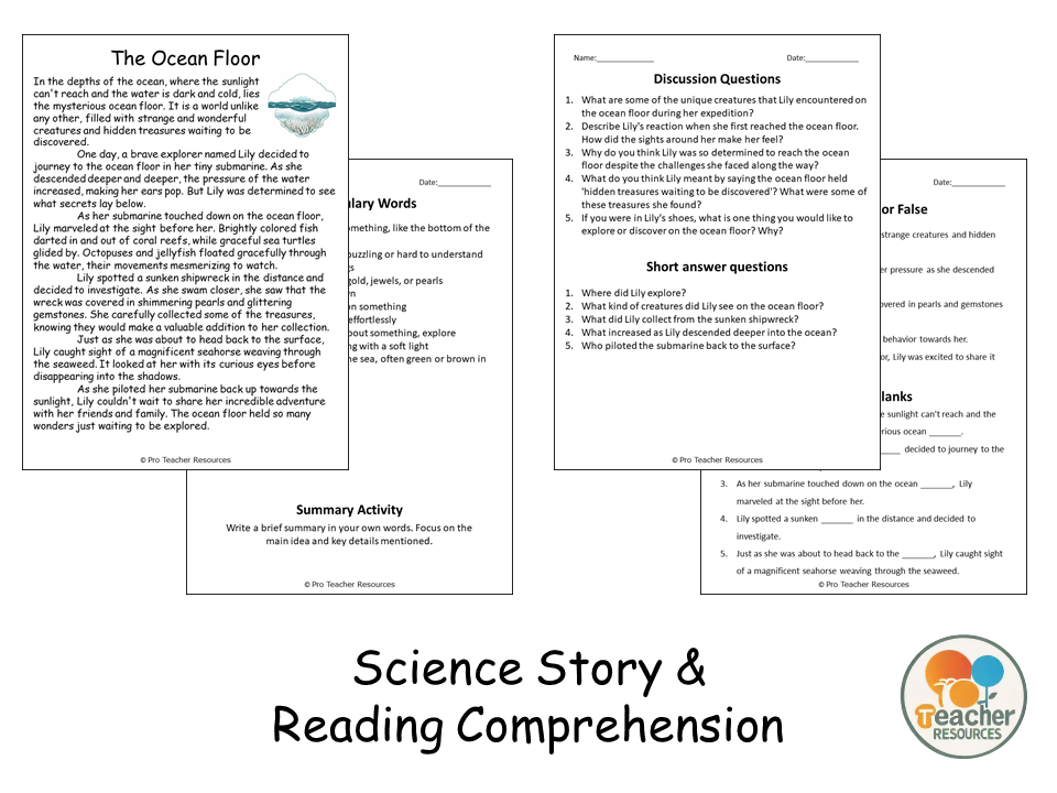 The Ocean Floor Reading Science Story Comprehension Questions Worksheet ...