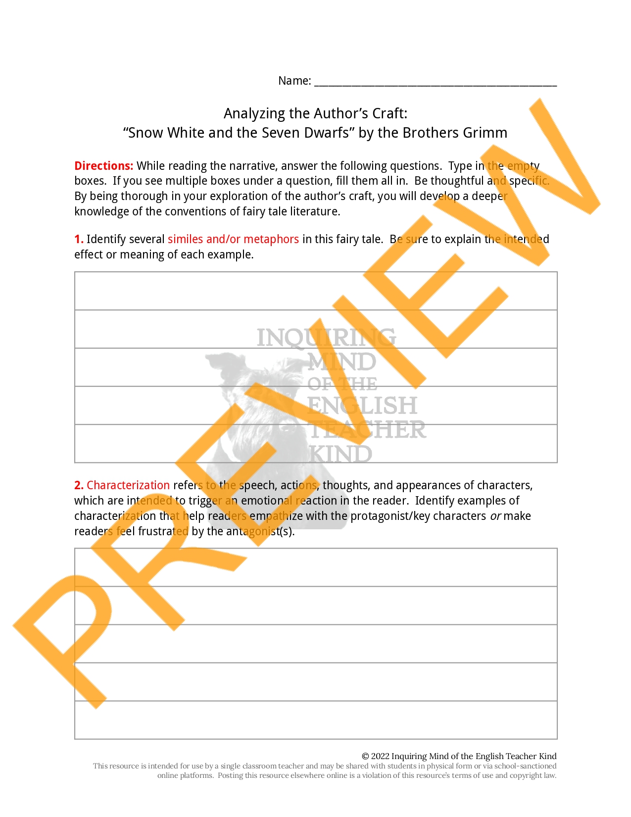 “The Frog King” by the Brothers Grimm Craft Analysis Worksheet ...