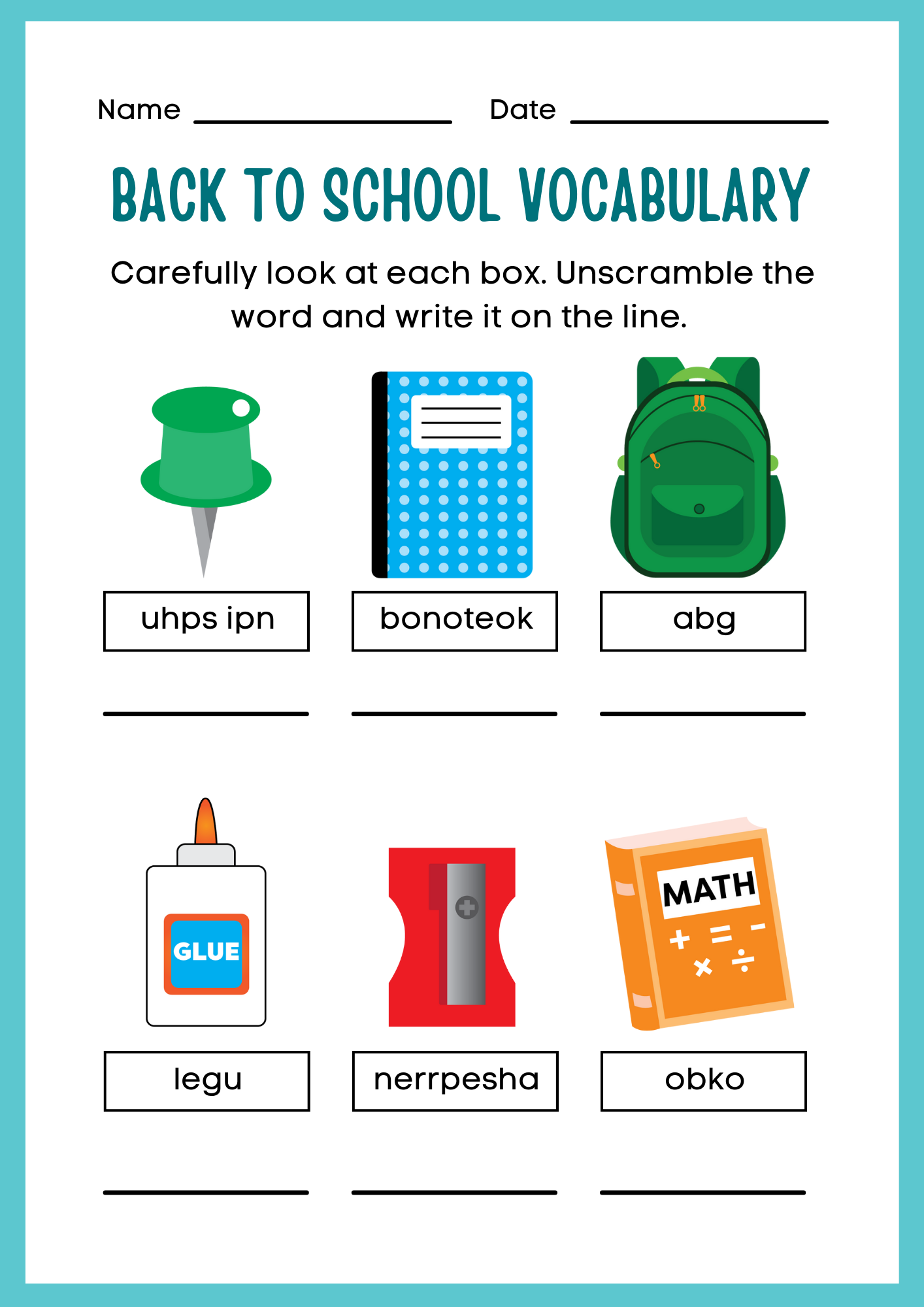 Back to School Activity Vocabulary Worksheet for Kids | Teaching Resources
