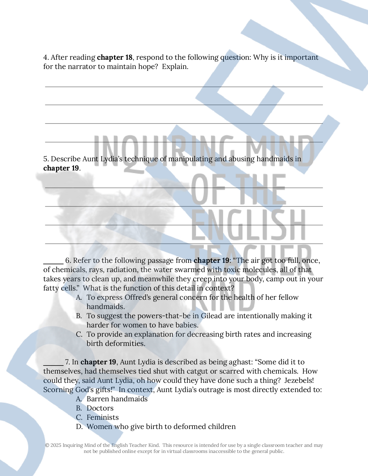 The Handmaid's Tale Chapters 18-23 Close Reading Worksheet | Teaching ...