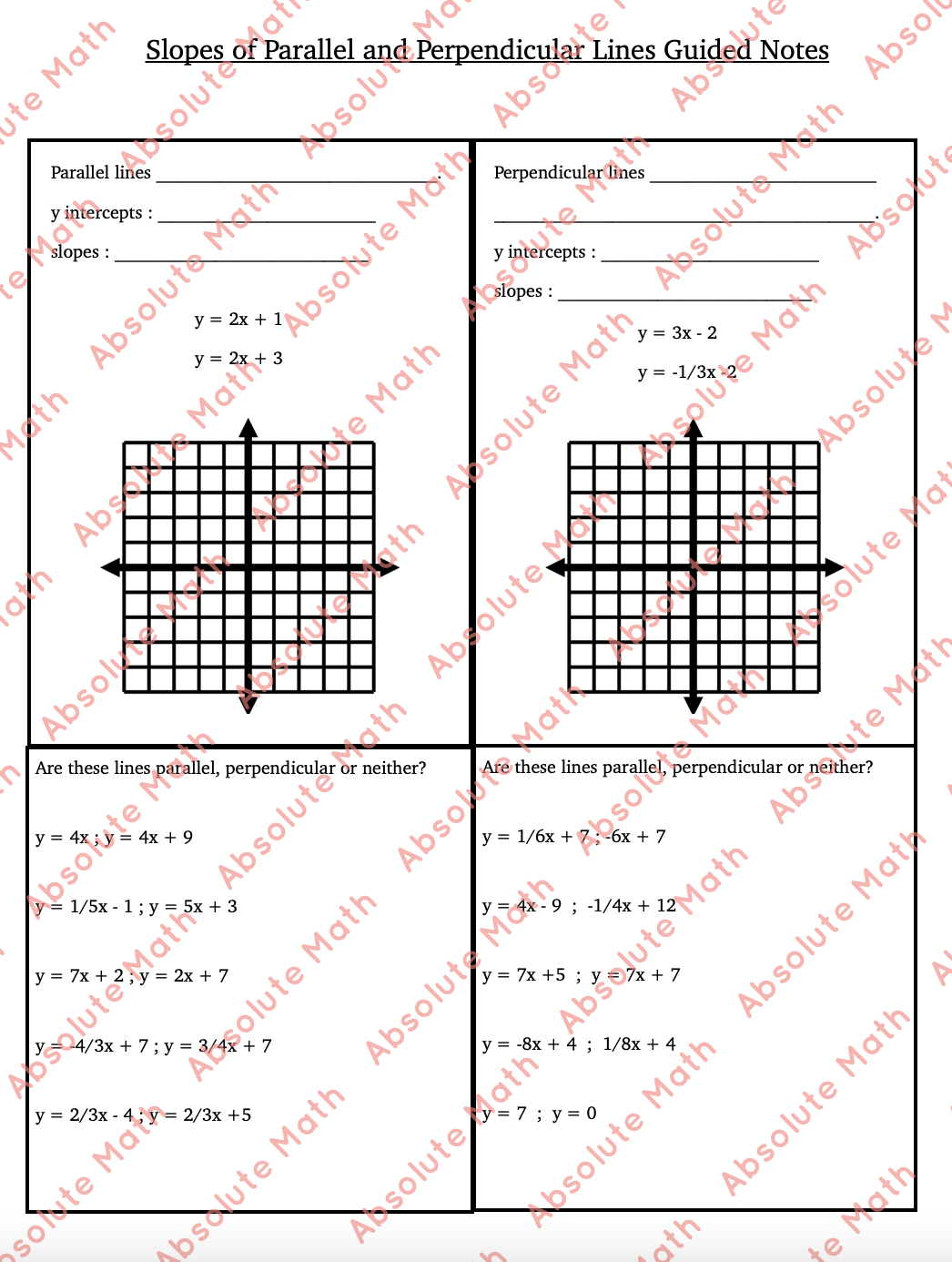 Slopes of Parallel and Perpendicular Lines Guided Notes | Teaching ...