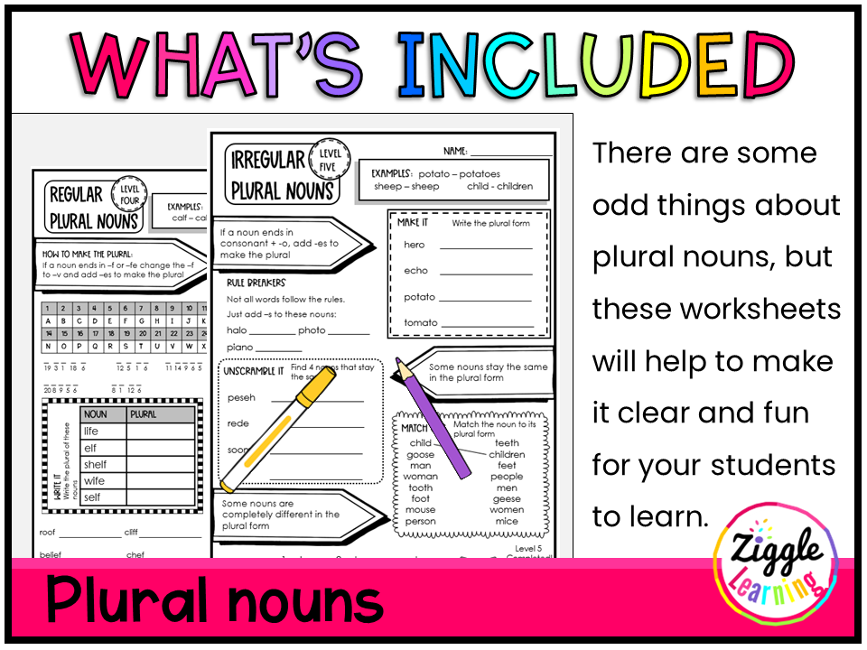 Regular and Irregular Plural Nouns Worksheets for Grammar Practice Year ...