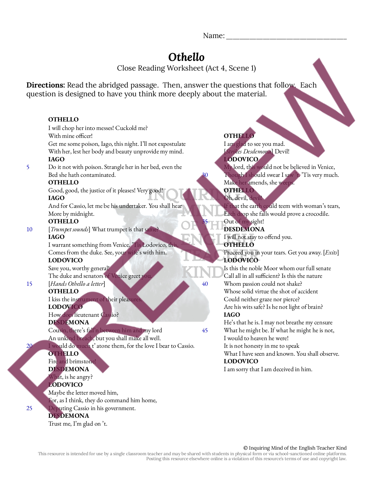 Othello Act 4 Scene 1 Close Reading Worksheet | Teaching Resources