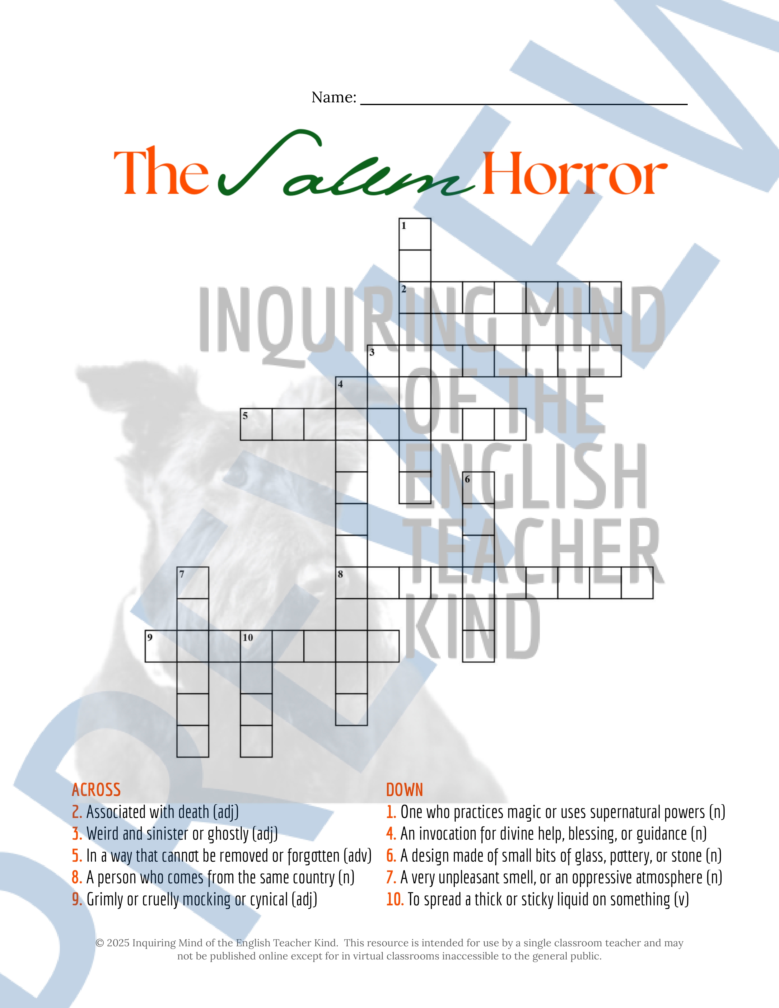 "The Salem Horror" by Henry Kuttner Vocabulary Games | Gothic Fiction ...