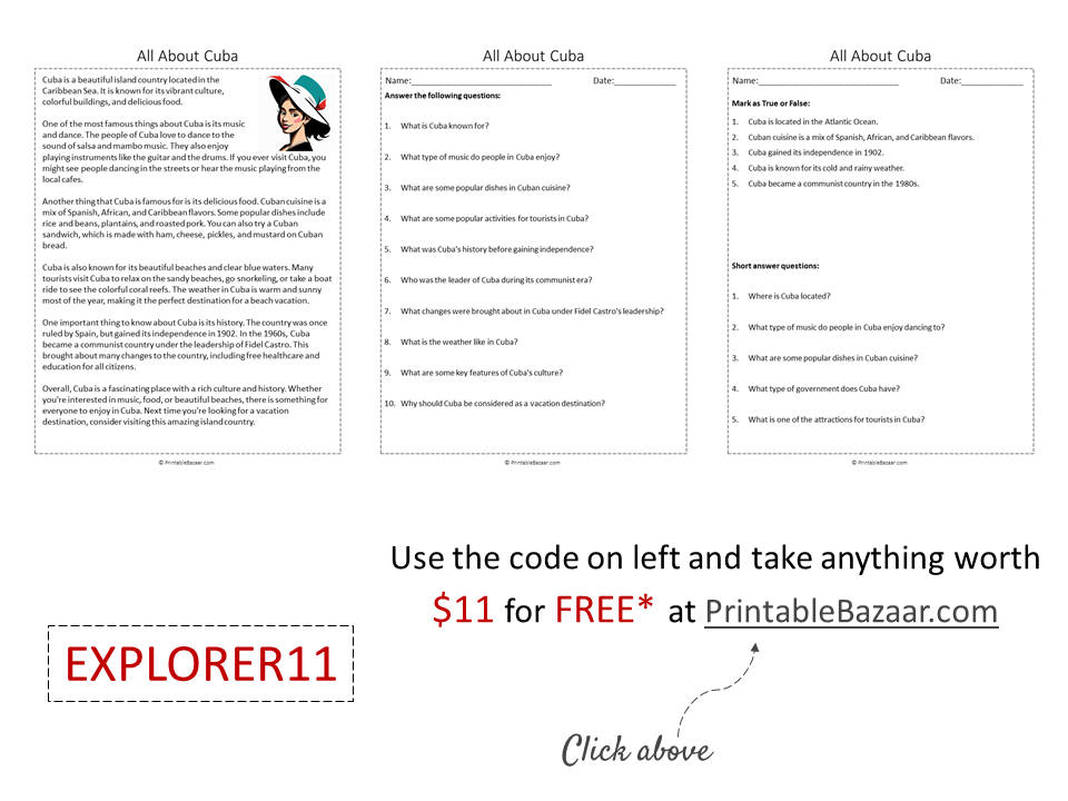 All About Cuba Reading Comprehension Passage Printable Worksheet ...