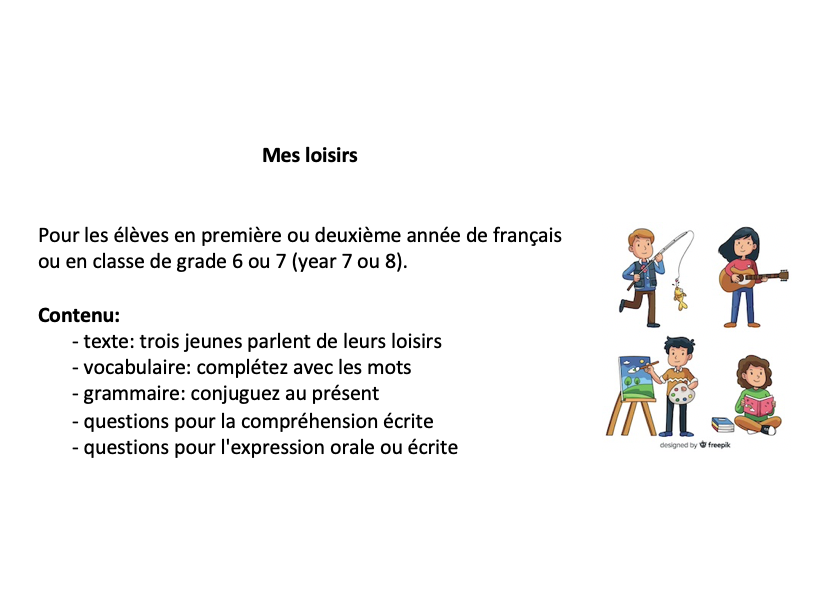 French reading (year 7 or 8 - grade 6 or 7): mes loisirs | Teaching ...