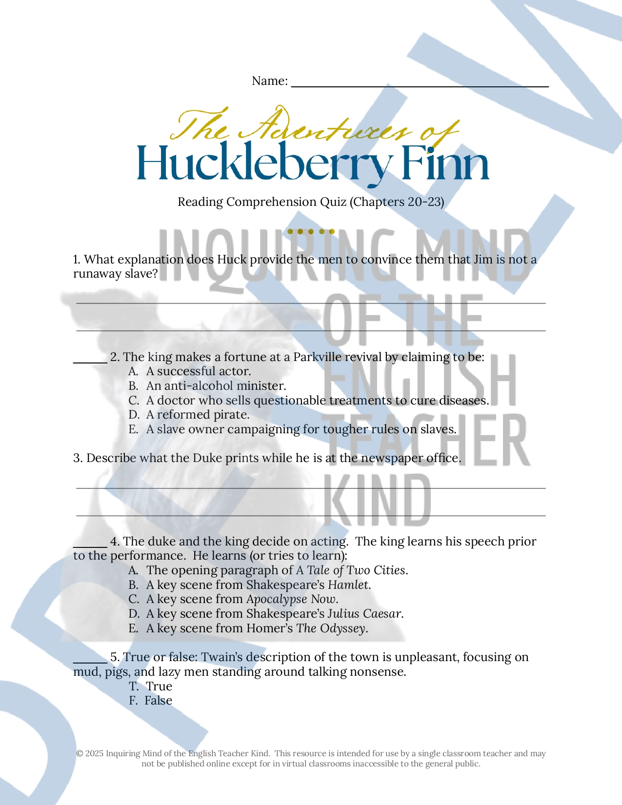 The Adventures of Huckleberry Finn Chapters 20, 21, 22, and 23 Quiz and ...