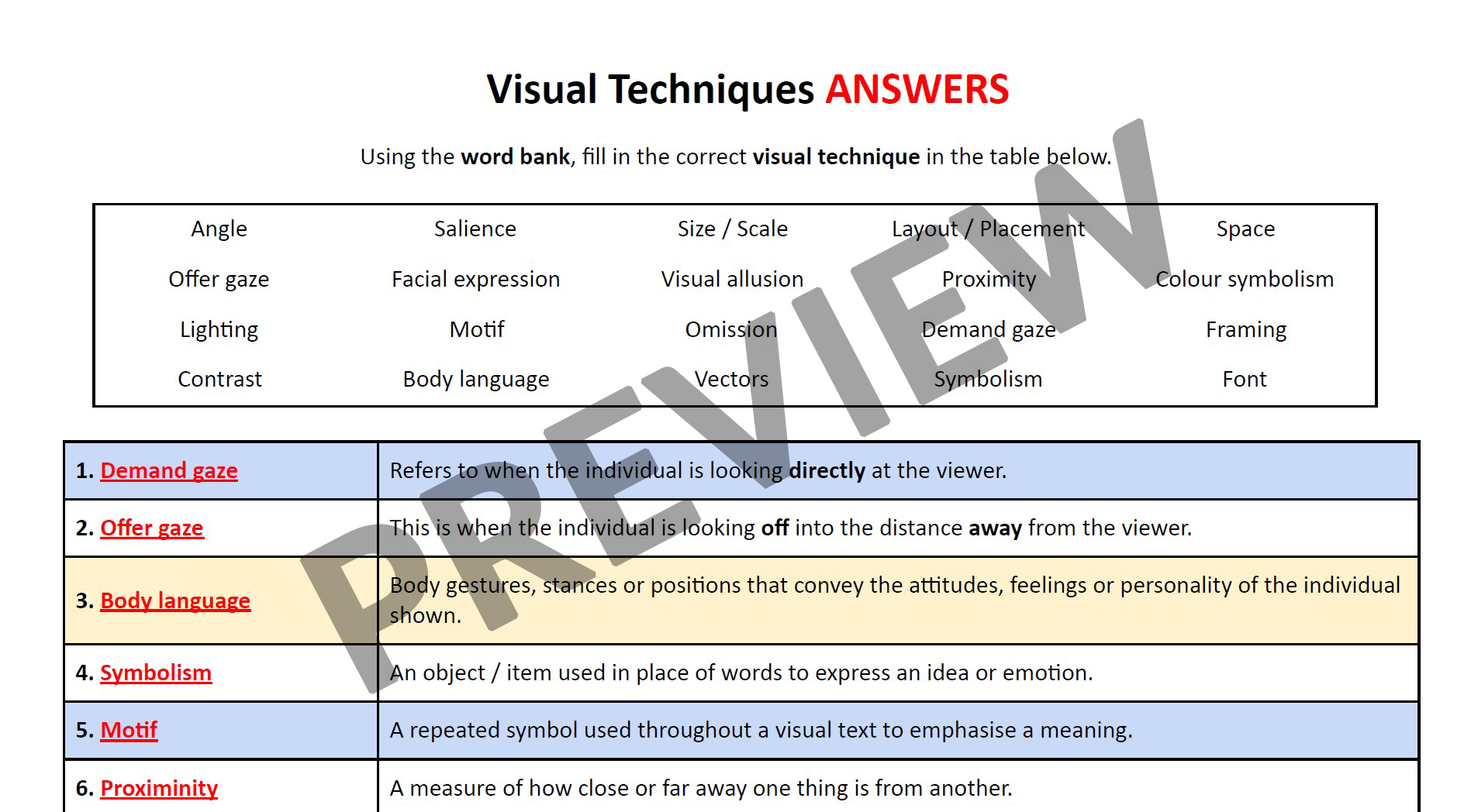 Visual Techniques and Colour Symbolism Worksheets | Teaching Resources