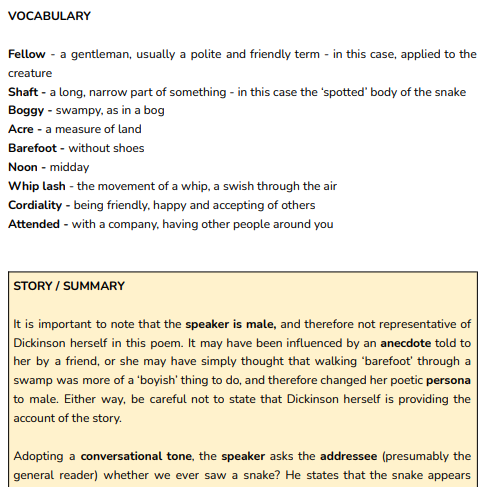 'A narrow Fellow in the Grass' by Emily Dickinson - Study Guide ...