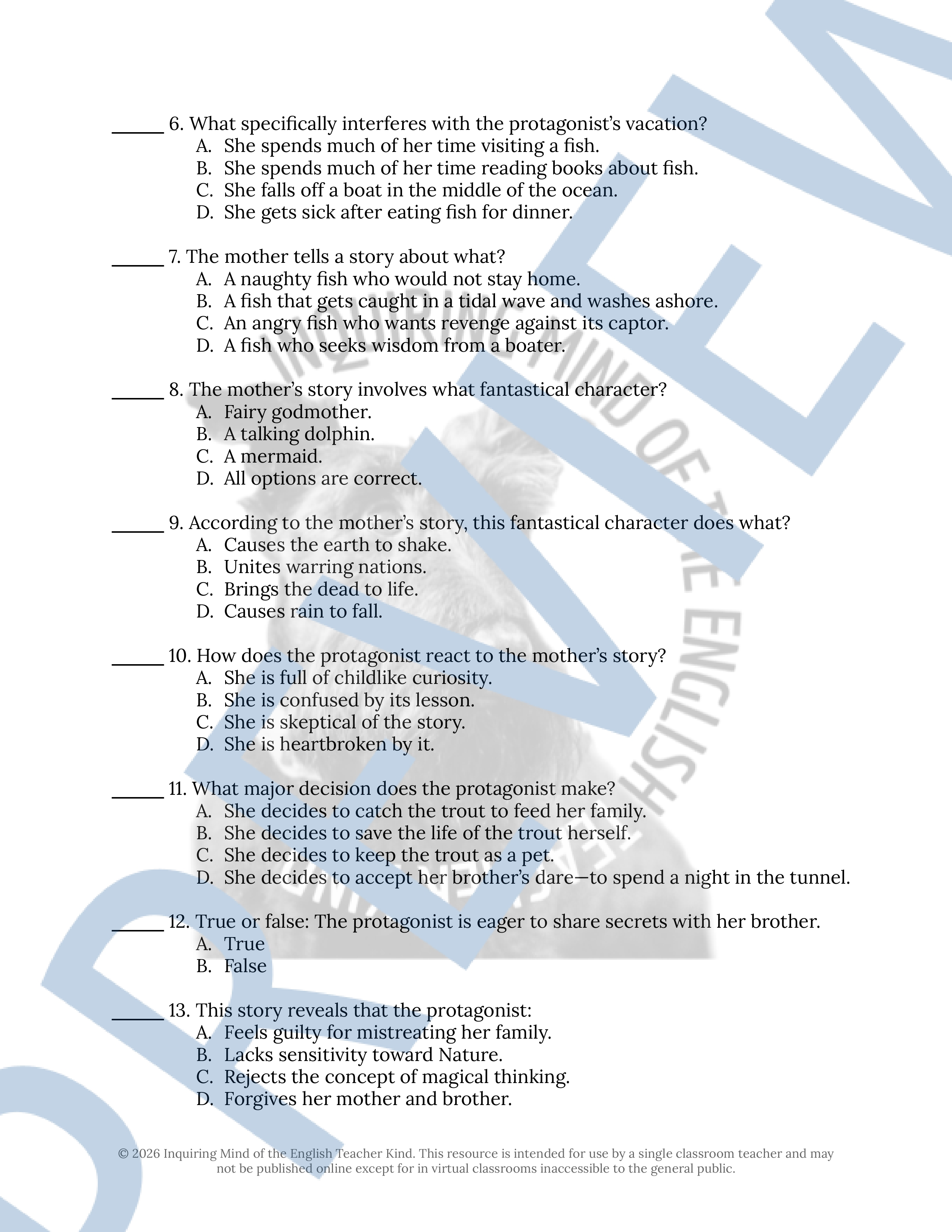 "The Trout" by Sean O'Faolain Quiz and Answer Key | Reading ...