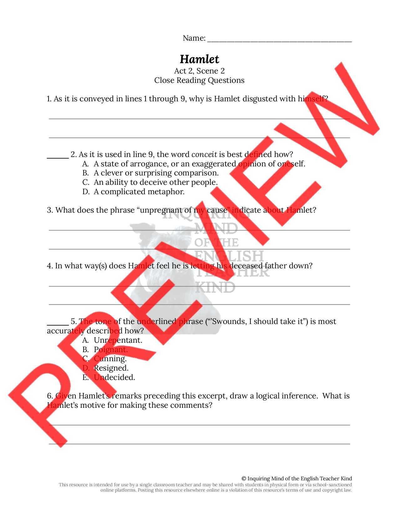 Hamlet Act 2 Scene 2 Close Reading Worksheet | Teaching Resources