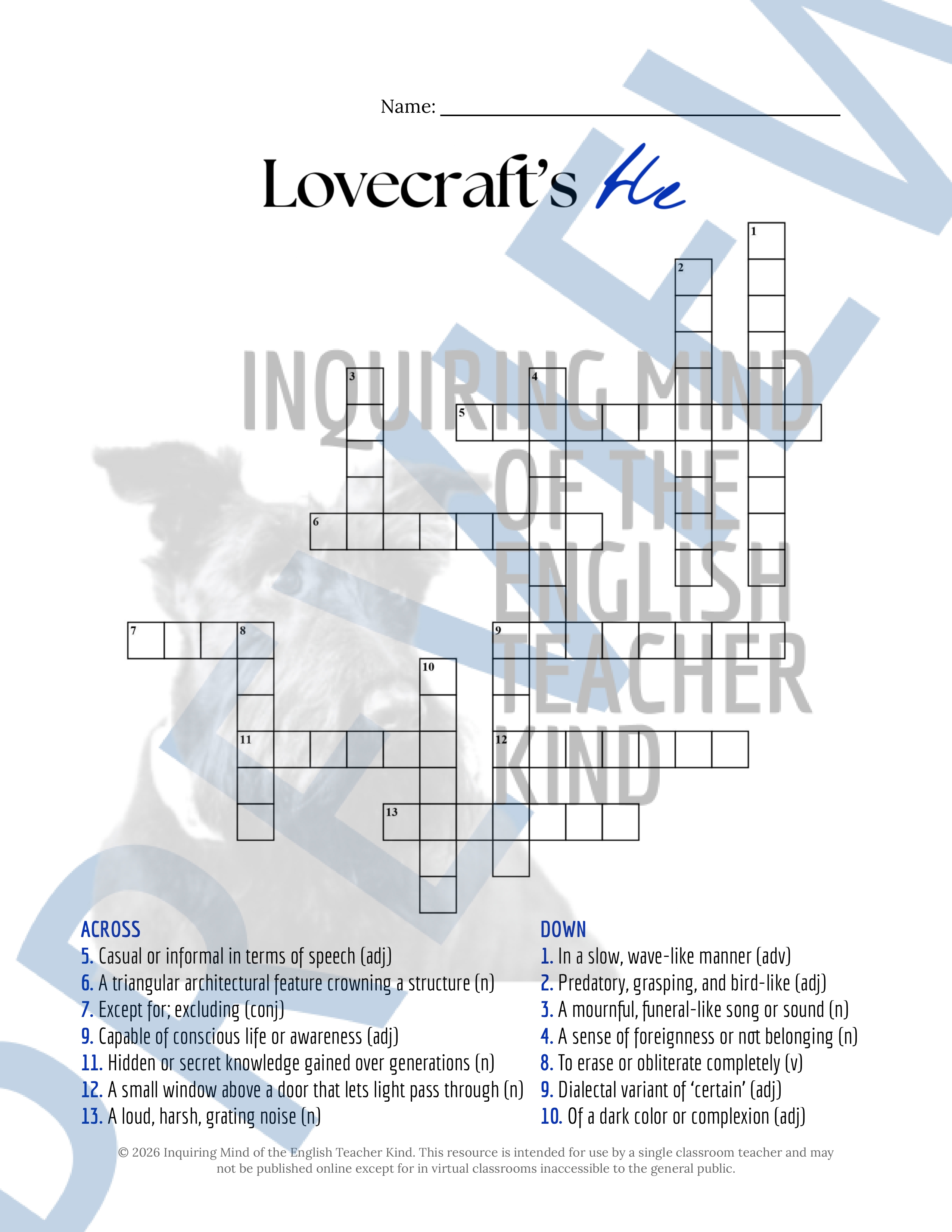 "He" by H.P. Lovecraft Word Learning Activities | Vocabulary ...