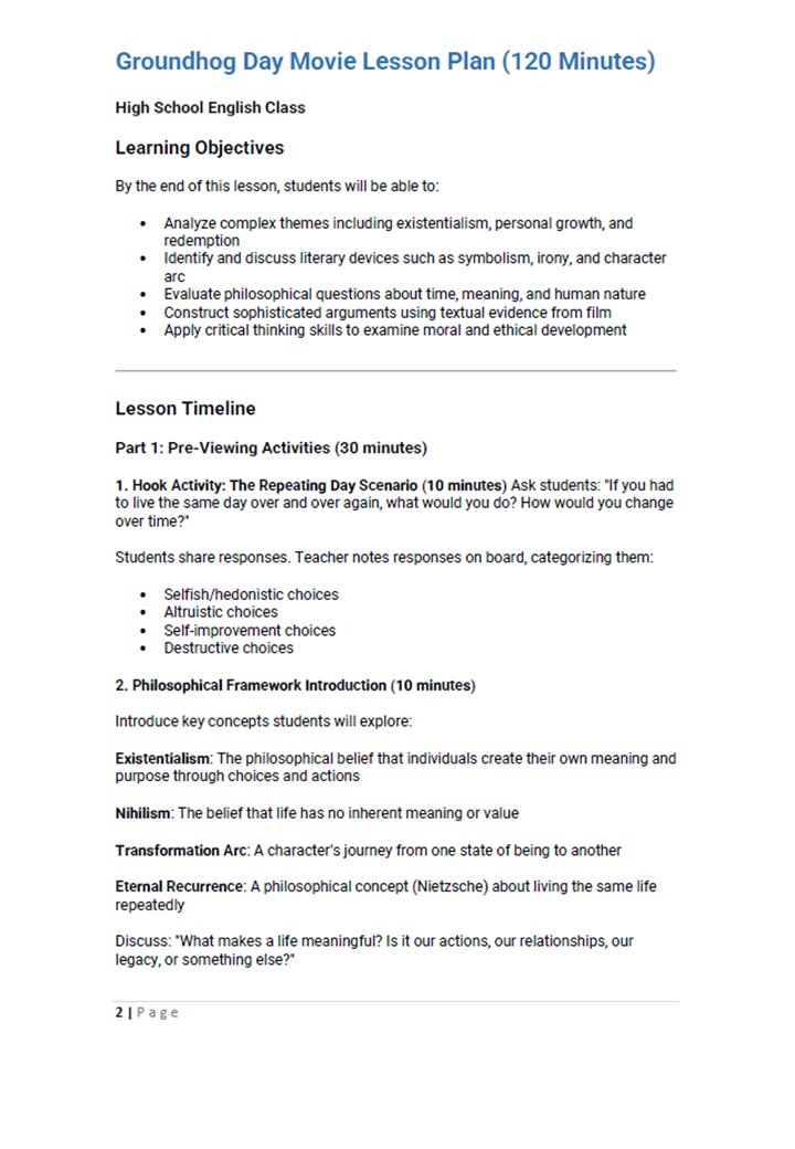 Groundhog Day Movie Lesson Plan & Worksheet | Grades 9–12 ELA ...