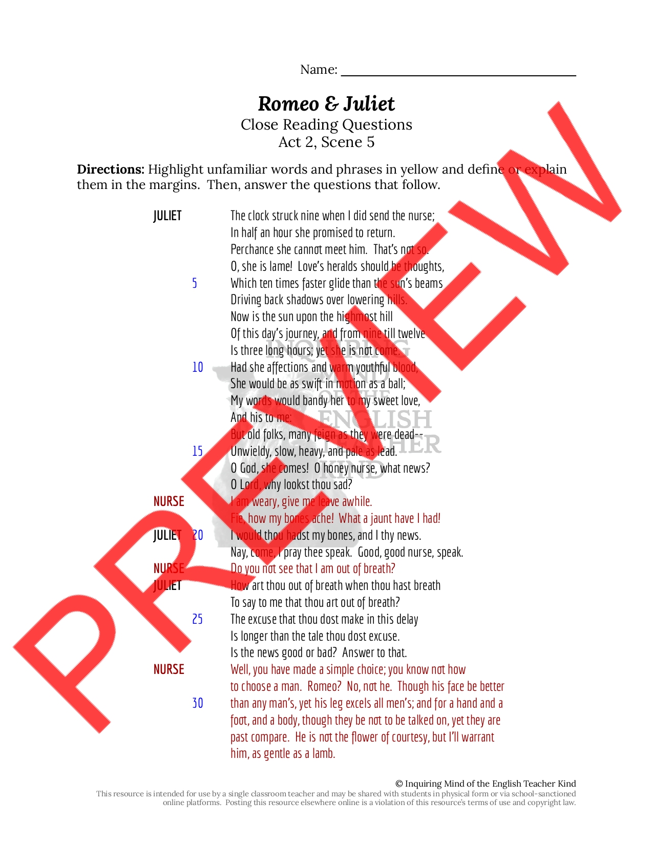 Romeo and Juliet Act 2 Scene 5 Close Reading Worksheet | Teaching Resources