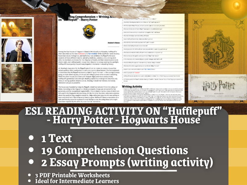 ESL Reading Comprehension + Writing Activity - Hufflepuff - Harry ...