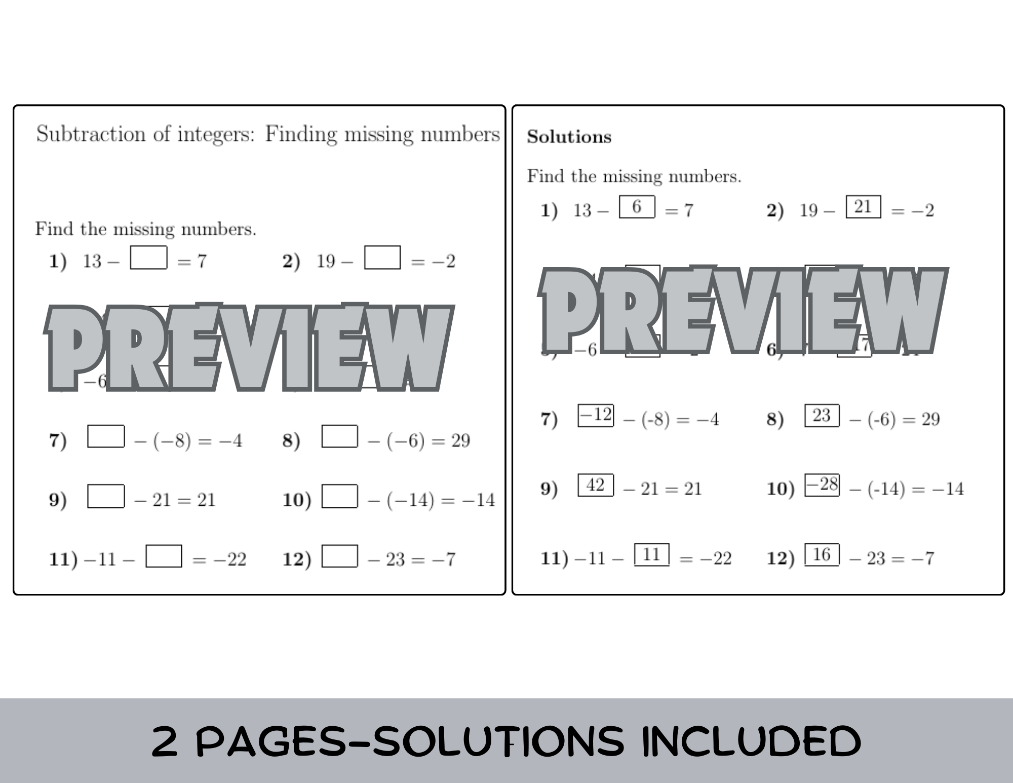 Subtraction of integers: Finding missing numbers worksheet no 2 (with ...