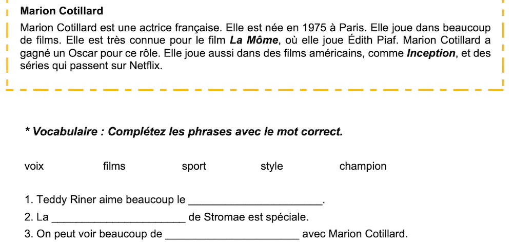French reading (year 7 or 8 - grade 6 or 7): trois célébrités ...