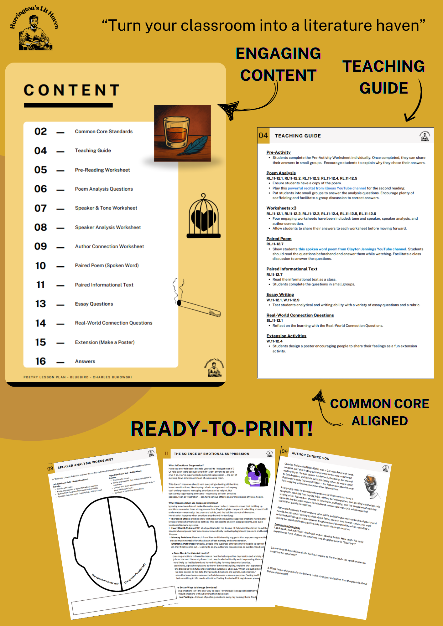 Bluebird by Charles Bukowski - Complete Lesson Plan -Worksheets/Paired ...