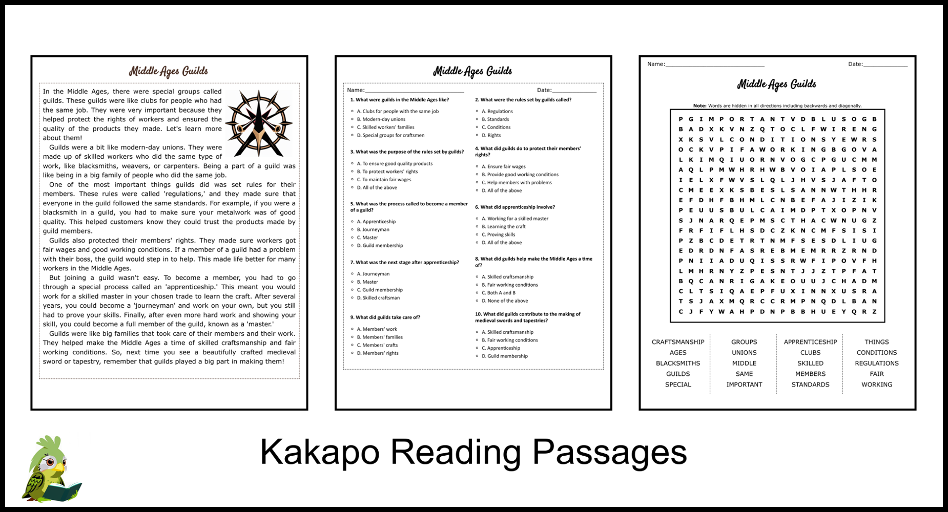 Middle Ages Guilds Reading Comprehension and Word Search | Teaching ...