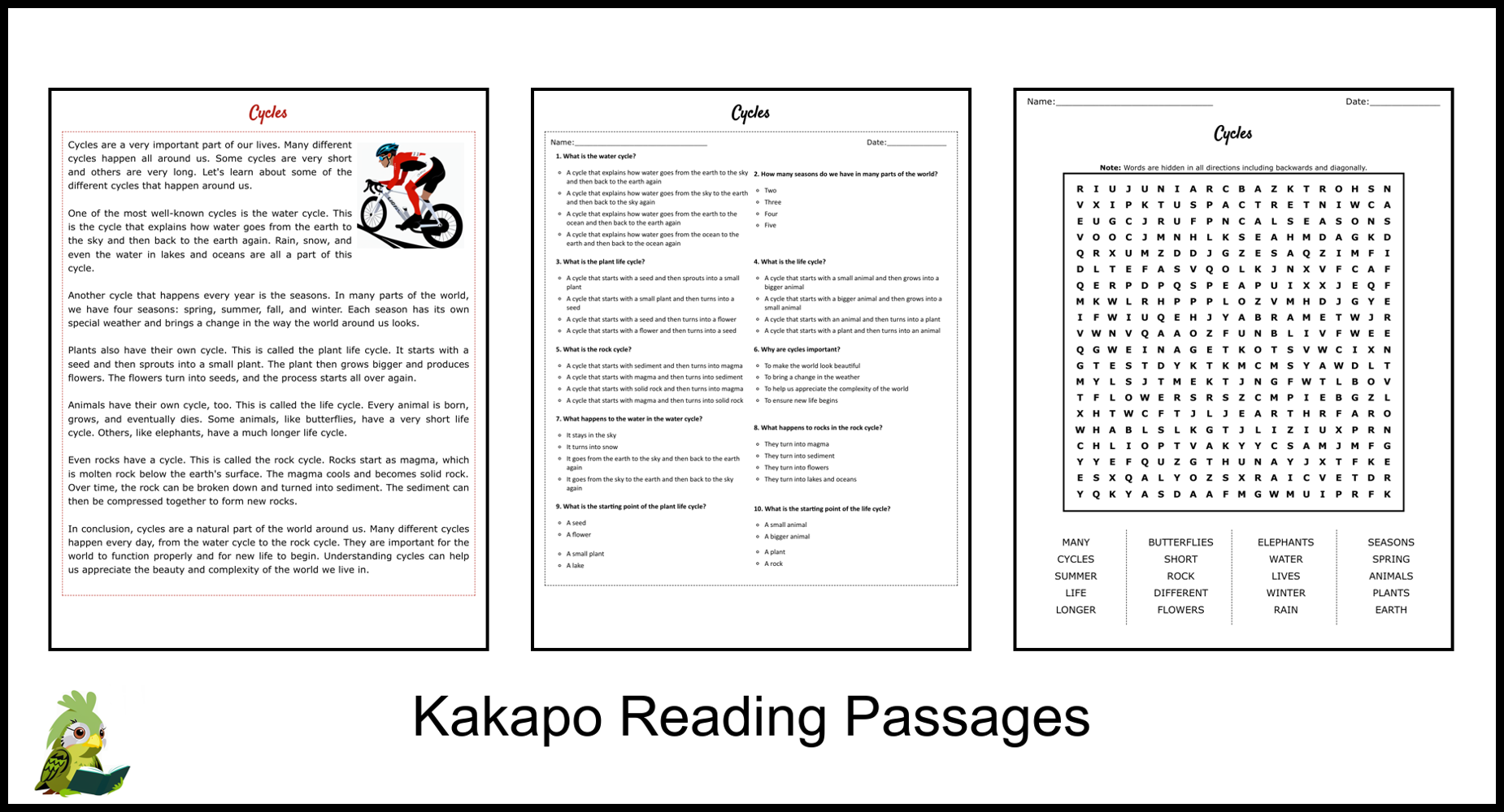 Cycles Reading Comprehension and Word Search | Teaching Resources