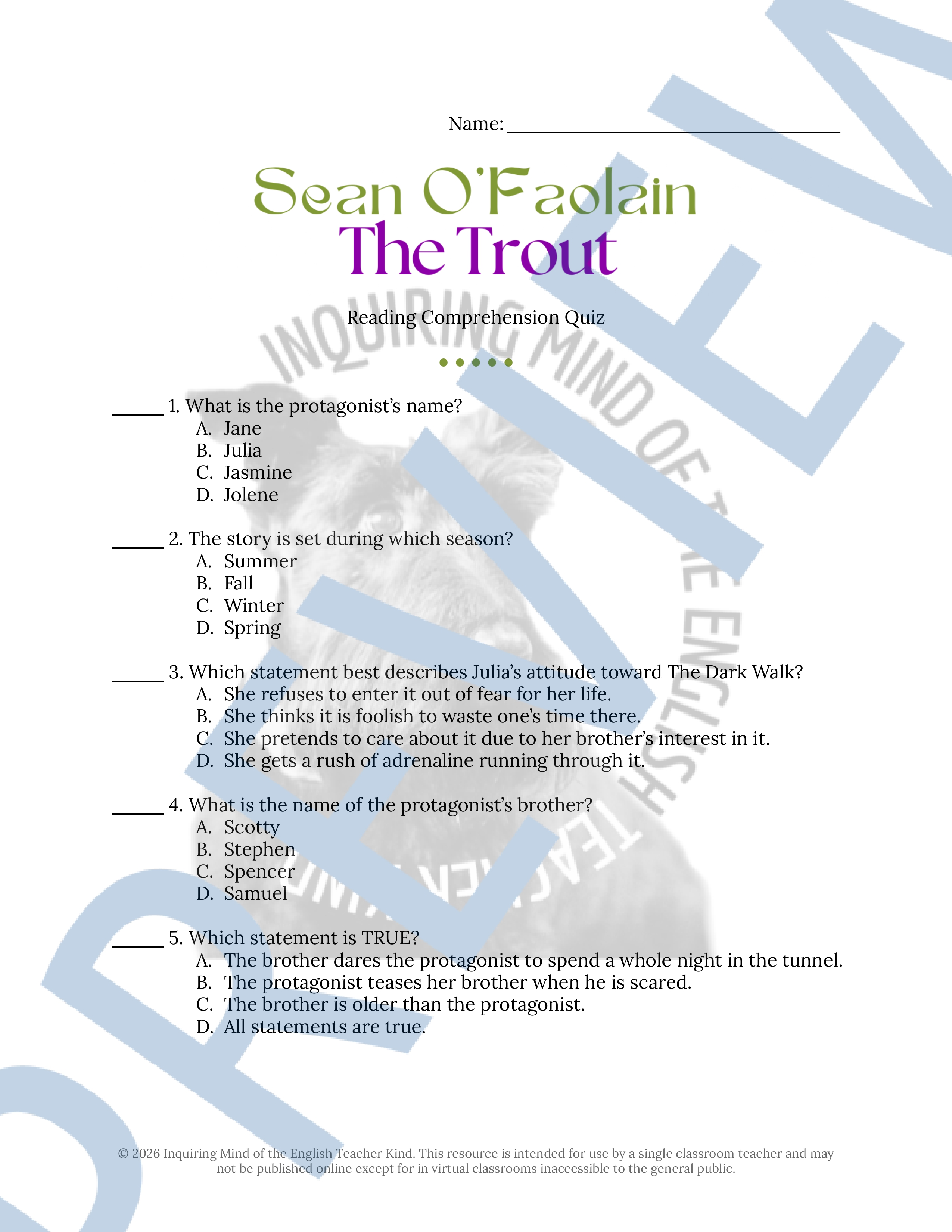 "The Trout" by Sean O'Faolain Quiz and Answer Key | Reading ...