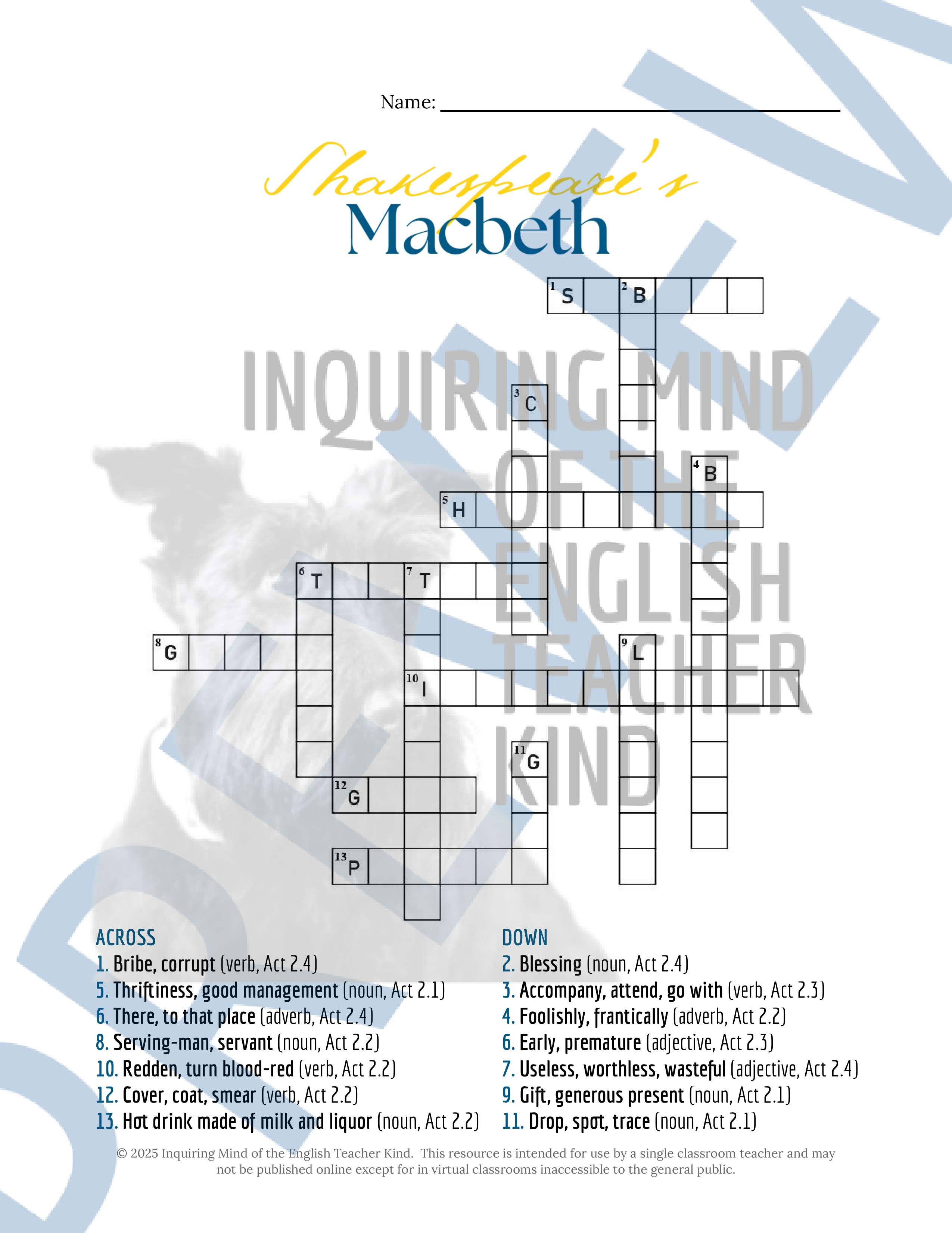 Shakespeare's Macbeth Vocabulary Games (Act 2) | Teaching Resources