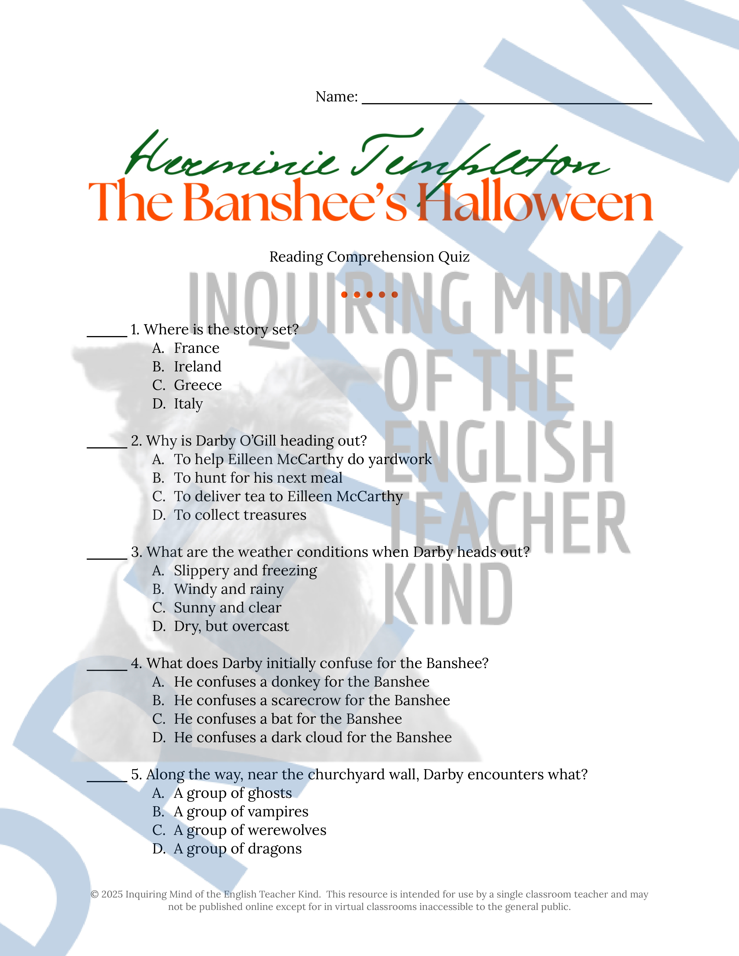 "The Banshee's Halloween" by Herminie Templeton Quiz and Answer Key ...
