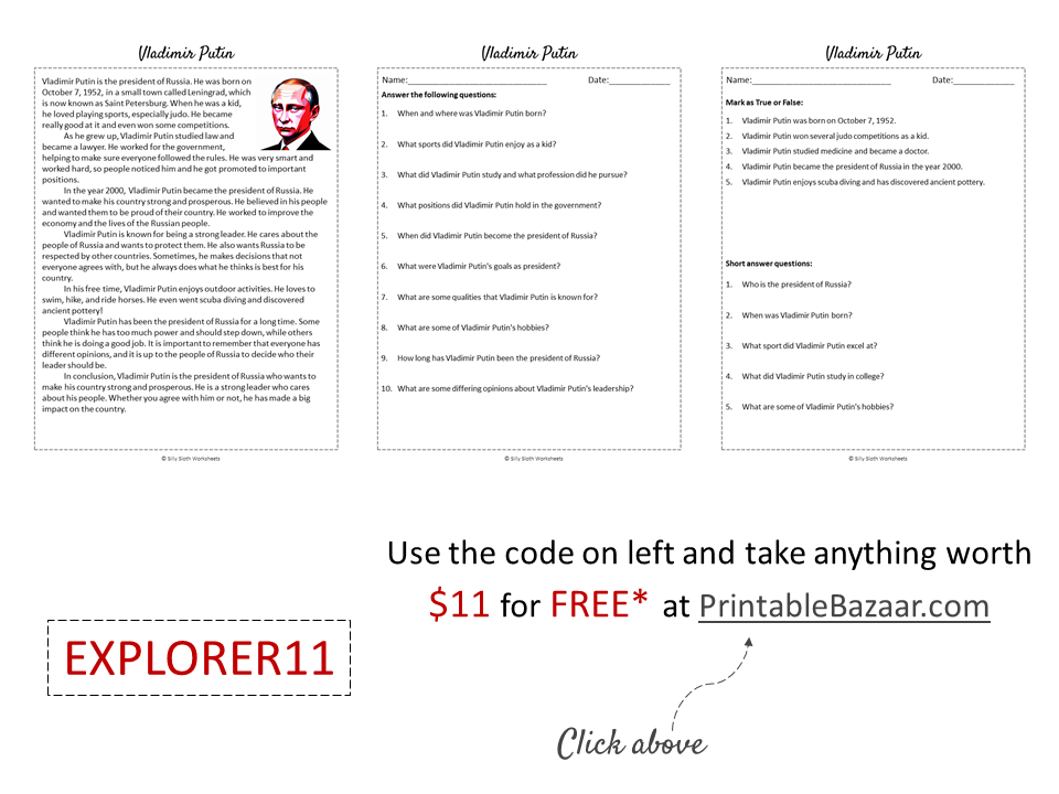 Vladimir Putin Biography Reading Comprehension Passage Printable ...