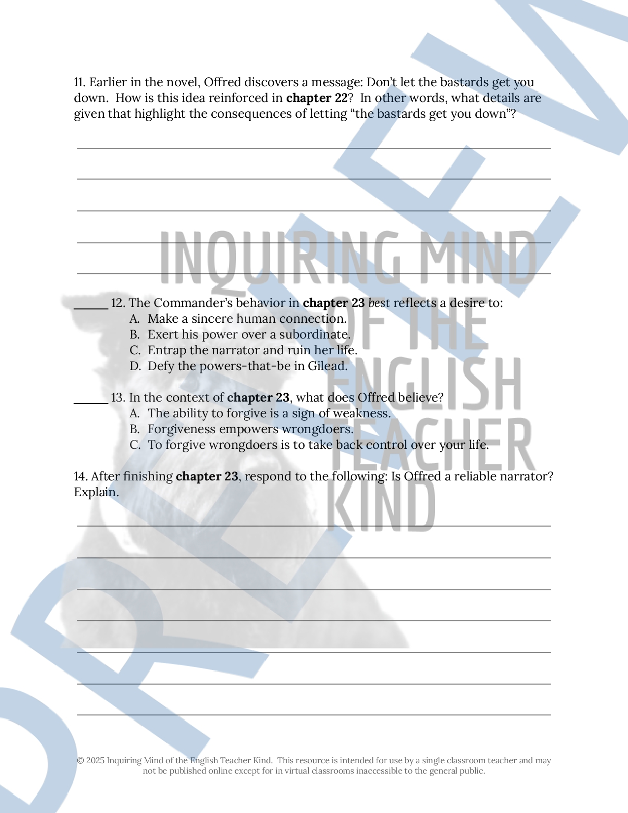 The Handmaid's Tale Chapters 18-23 Close Reading Worksheet | Teaching ...