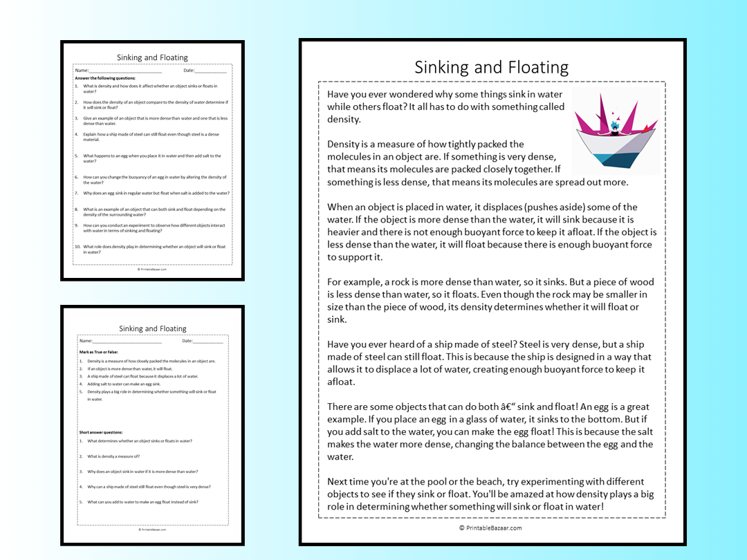 Sinking and Floating Reading Comprehension Passage Printable Worksheet | Teaching Resources