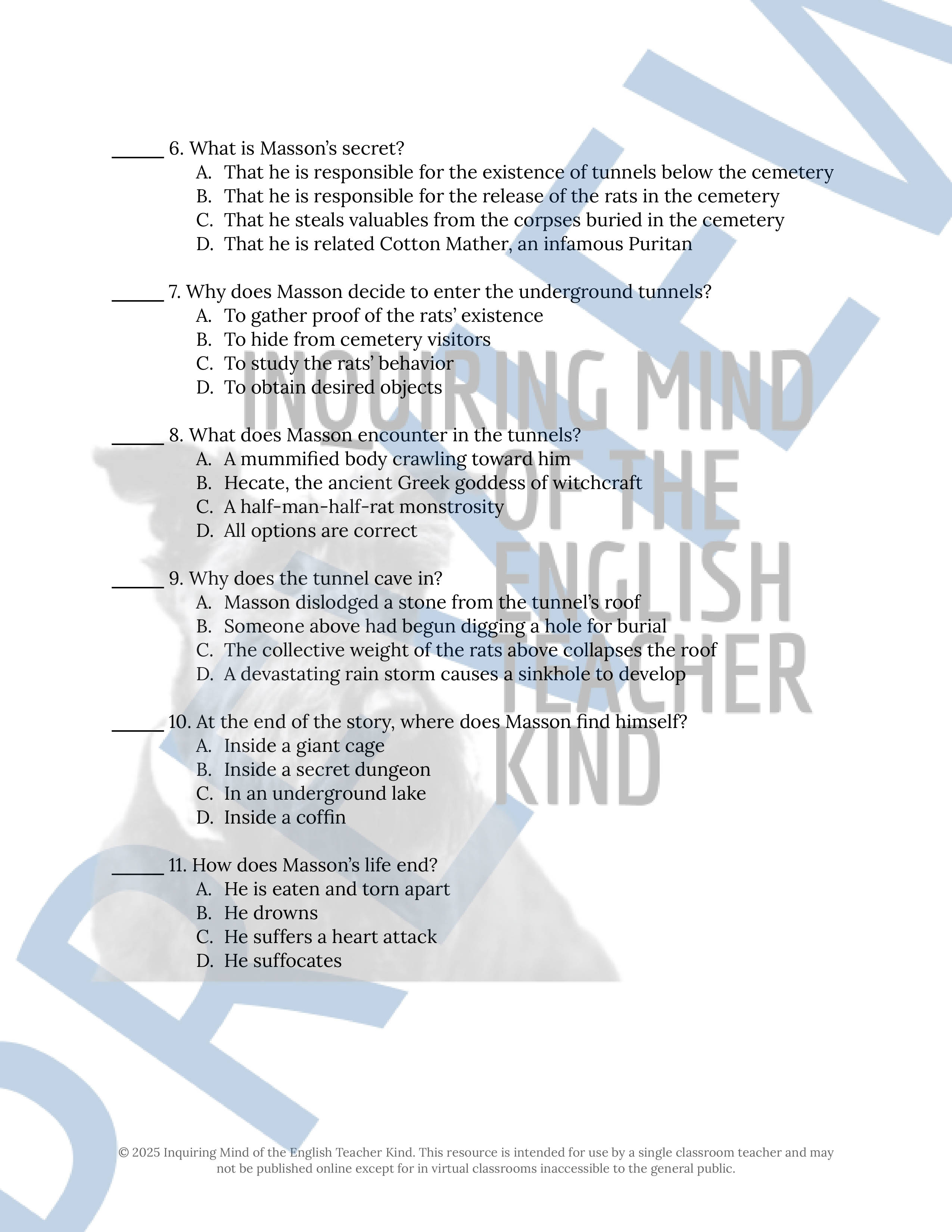 "The Graveyard Rats" by Henry Kuttner Quiz and Answer Key | Halloween ...