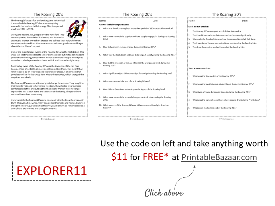 The Roaring 20's Reading Comprehension Passage Printable Worksheet ...