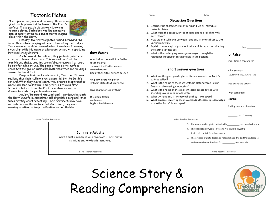 Tectonic Plates Reading Science Story Comprehension Questions Worksheet ...